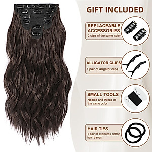 Fliace Clip in Hair Extensions, 6 PCS Natural & Soft Hair & Blends Well Hair Extensions, Dark Brown Long Wavy Hairpieces(20inch, 6pcs, Dark Brown)