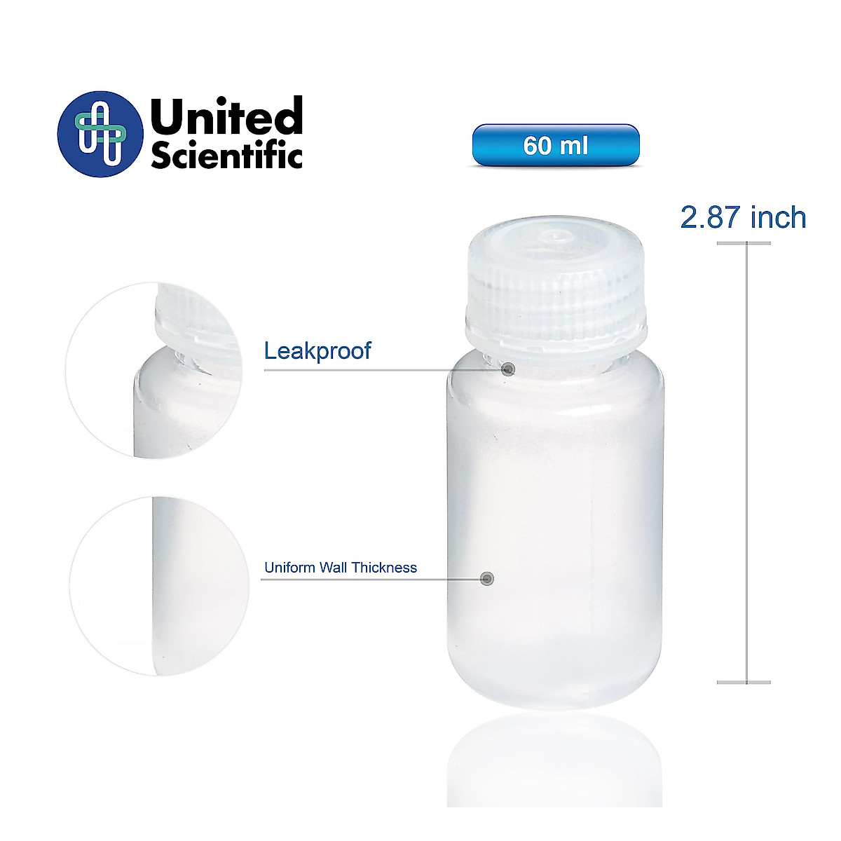 United Scientific™ 33306 | Laboratory Grade Polypropylene Wide Mouth Reagent Bottle | Designed for Laboratories, Classrooms, Travel, or Storage at Home | 60mL (2oz) Capacity | Pack of 12