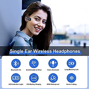Bone Conduction Headset, Open-Ear Wireless Bluetooth Earpiece with LED Power Display Microphone, Single Right Ear Headphone Voice Control for Cell Phone Sweatproof Earphone for Driving/Sport Black