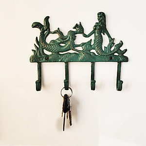 CatchDragon Rustic Cast Iron Mermaid Coat Rack Wall Mount, Decorative Mermaid Wall Hooks Hangers w/4 Hooks for Hanging Towels Coats Keys Hats (C)