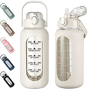 kytffu 64oz Glass Water Bottles with Straw, Half Gallon Motivational Glass Bottle with Silicone Sleeve and Time Marker, 2L Leakproof Large Glass Water Jug for Gym Home Office,White