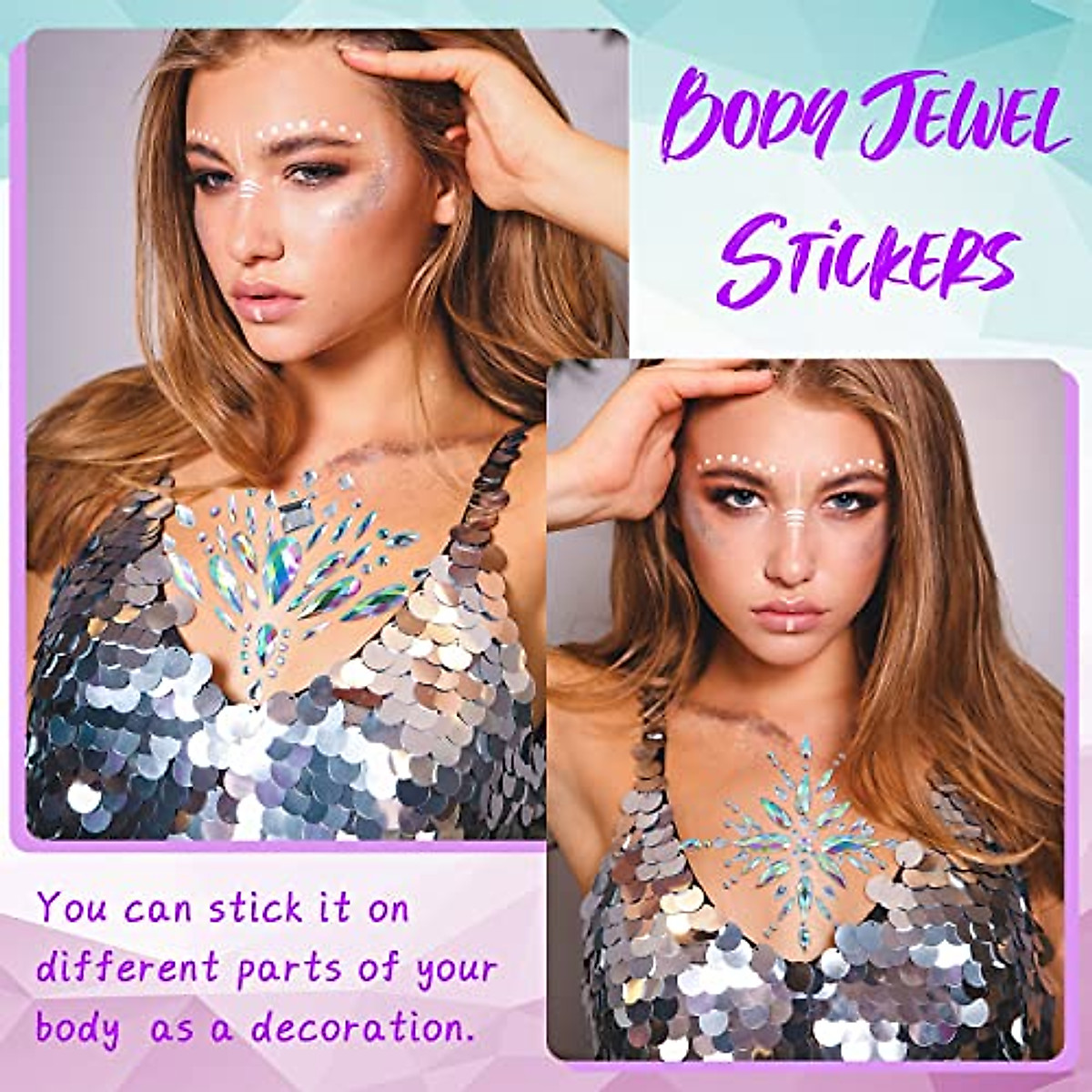 8 Pieces Halloween Jewels Tattoo Body Gems Rhinestone Sticker with 6 Boxes Chunky Holographic Face Hair Glitter Crystals Face Stickers Jewels for Rave Festival Makeup(Vivid Style)