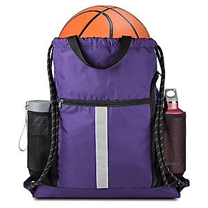 BeeGreen Purple String Bag Sack Gym Backpack with Shoe Compartment and Two Water Bottle Holder for Men Women Lightweight Durable Drawstring Cinch Sackpack