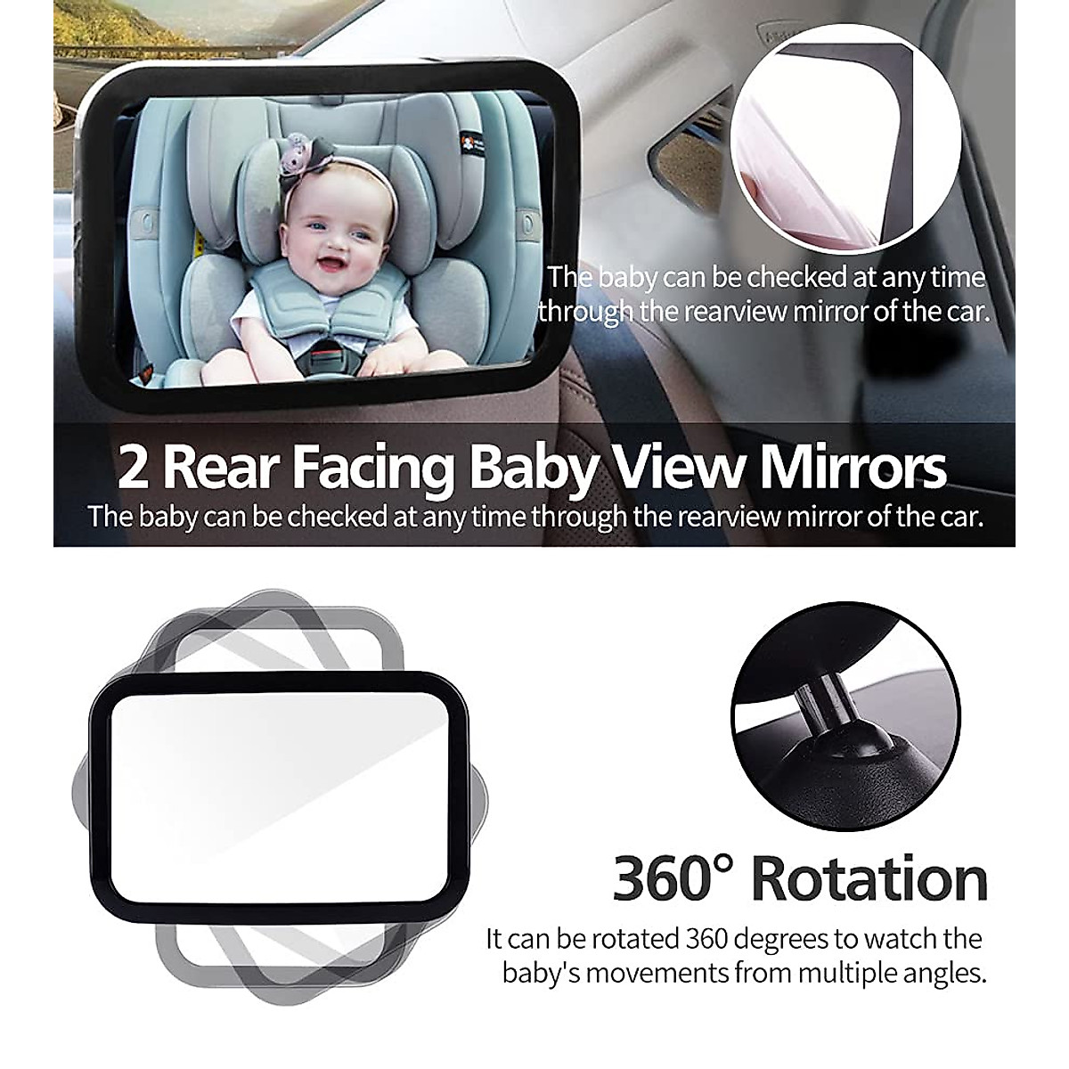 Baby Car Mirror, 2 Pack Large Safety Car Seat Mirror, Baby Car Seat Mirror for Rear Facing Infant Child with Wide Crystal Clear View, Rear View Mirror