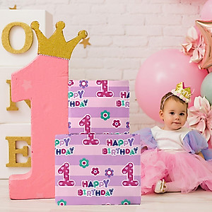 WRAPAHOLIC 1st Birthday Wrapping Paper Sheet - 6 Sheets Pink Happy Birthday with Floral Design Folded Flat for Birthday, Party, Baby Showers - 19.7 Inch X 27.5 Inch Per Sheet