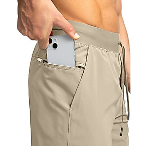 Men's Running Shorts with Zipper Pockets 7 Inch Lightweight Quick Dry Gym Athletic Workout Shorts for Men (Khaki, L)