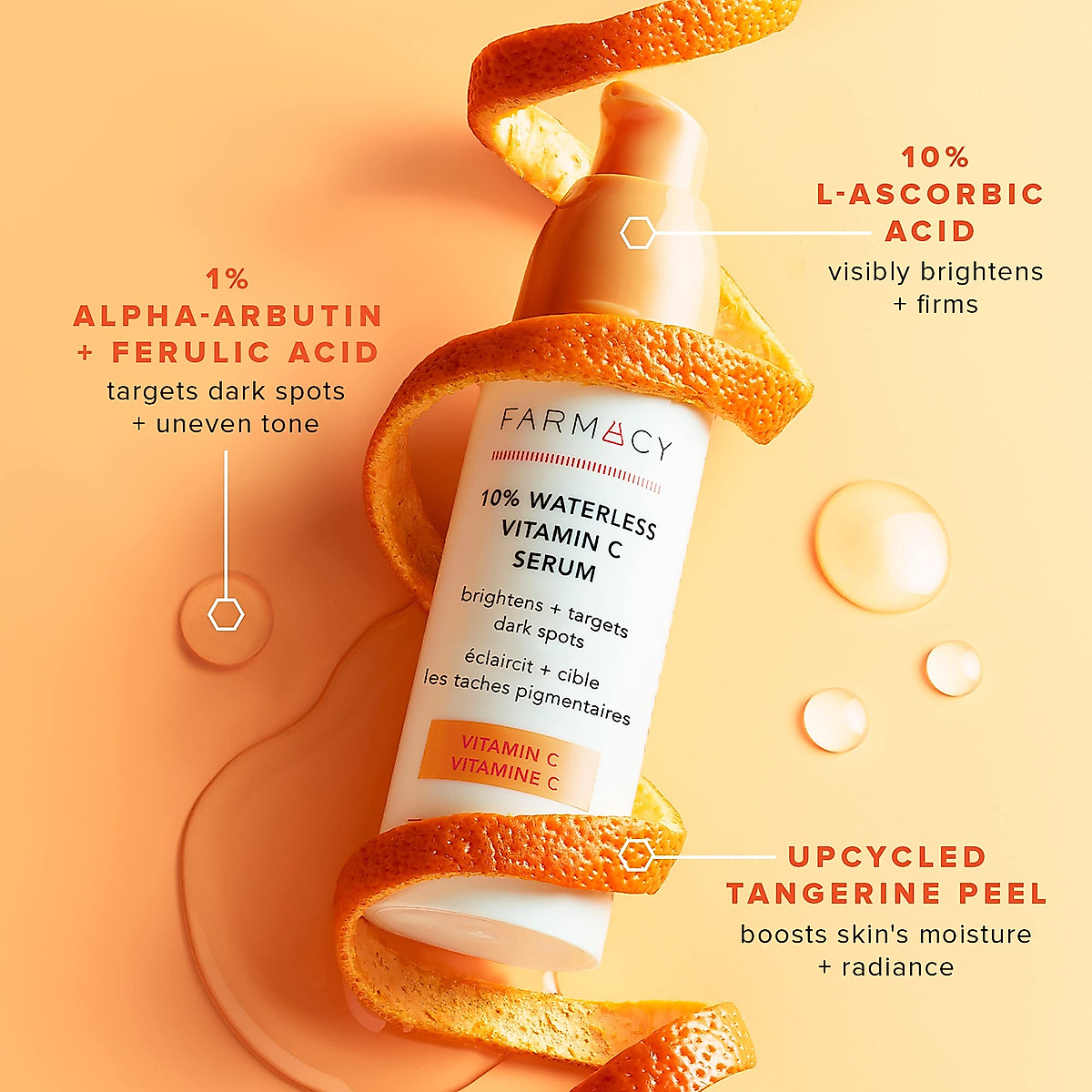 Farmacy 10% Vitamin C Face Serum - Waterless Vitamin C Skin Care Serum to Brighten, Firm + Smooth Skin Texture - Enriched with Upcycled Tangerine Peel to Boost Skin's Moisture + Radiance (30ml)