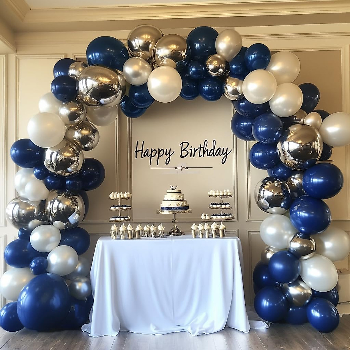 Navy Blue White Balloon Garland Double Stuffed Dark Blue White Sand Pearl Balloon arch Kit Royal Blue Silver Balloon for Birthday Chrismas New Year Baby Shower Graduation Party Decor
