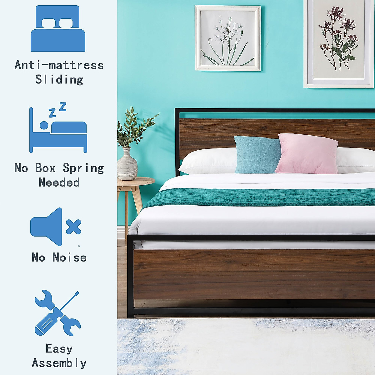 Queen Size Metal Bed Frame,Industrial Platform Queen Bed Frame with Headboard and Footboard,Mattress Foundation with Strong Steel Slat Support,11" Under Bed Storage Space,Easy Assembly