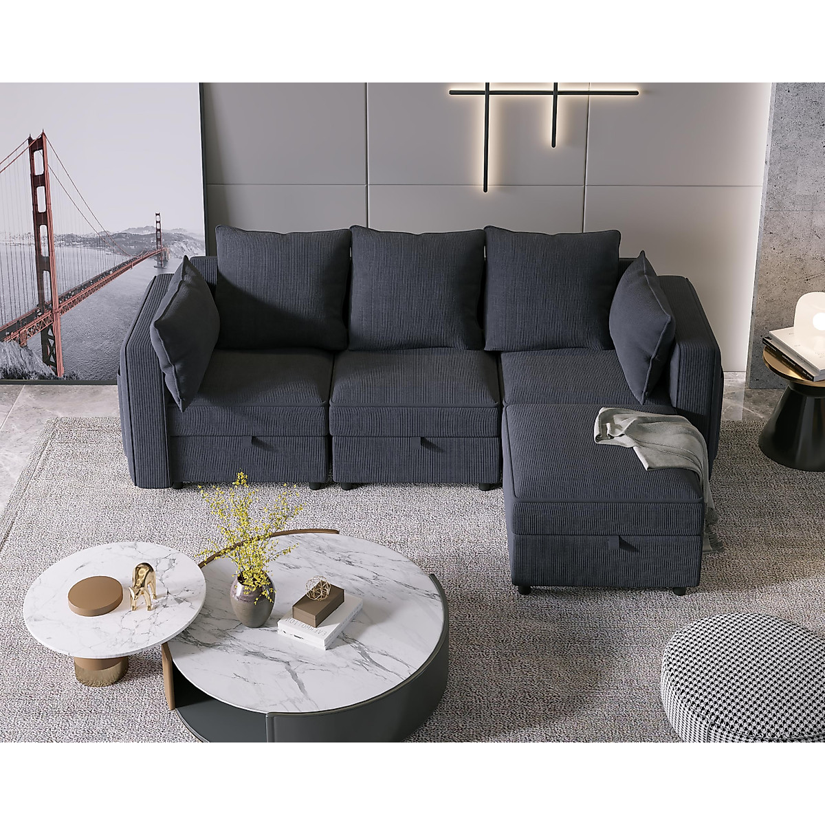 Fajiani 88.6" Modular Sectional Sofa with Storage, Corduroy L Shaped Sectional Sofa Couch, Convertible 4 Seat Sectional Couch with Ottoman for Living Room/Office, Easy Assembly, Dark Gray