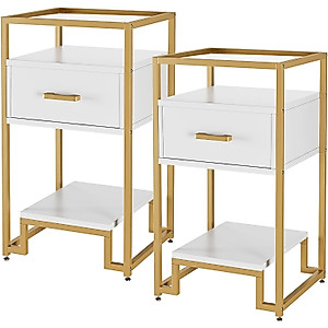 Nightstand Set of 2, End Table with Storage Drawer and 3-Tier Storage & Tempered Glass Top, Bedside Furniture with Steel Frame, Side Table for Bedroom, Dorm, Easy Assembly, White and Gold