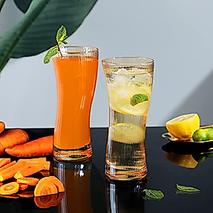 Joeyan Water Juice Cocktail Drinking Glasses Cups,Origami Style Glassware,Ripple Highball Glass,Modern Ribbed Tumblers for Iced Tea Coffee Beverages Wine Beer,Hand Made,13.5 oz,Set of 4,Amber