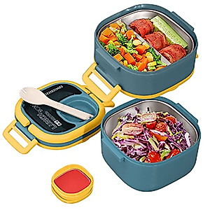 Stackable Lunch Container for Adults with 45oz Stainless Steel Salad Container for Lunch Bento Box, Leak-Proof Durable All-in-One Lunch Box Built In Divider, Spoon, Dressing Container (Blue)