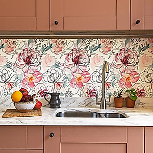 JiffDiff Floral Wallpaper Peel and Stick Wallpaper Pink Peony Wallpaper Nursery Wallpaper Wall Mural Stick on Wallpaper (White 17.3"x 118")