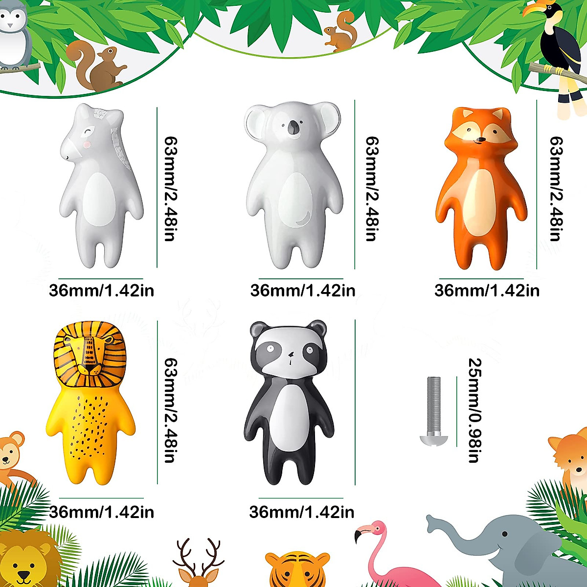 5 Pieces Cute Animal Knobs Kid Handles Ceramic Knobs Child Drawer Pulls Animal Cabinet Handles Lovely Cupboard Knobs Nursery Drawer Handle with Screws for Room Bedroom Bathroom Kitchen Door Dressers