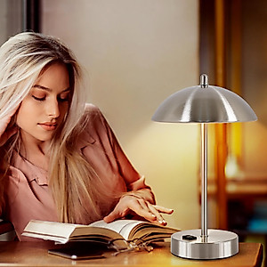 Modern Desk Lamp with AC Adapter,12" 3-Way Dimmable Touch Bedside Reading Lamp, Minimalist Silver Small Nightstand Table Lamp with Mushroom Dome Shade for Bedroom Living Room Office, LED Bulb Included