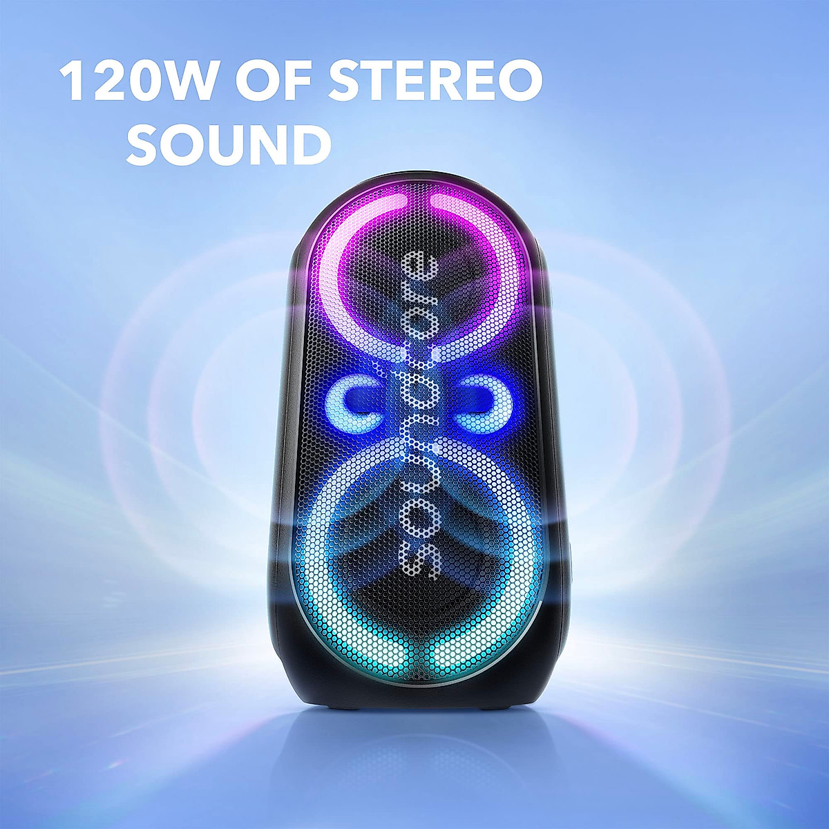 Soundcore Anker Rave Party 2 Portable Speaker, 120W Stereo Sound, PartyCast 2.0, Light Show, IPX4 Water-Resistant, 16H Playtime, Mic Input, Custom EQ & Bass Up for Party (Renewed)