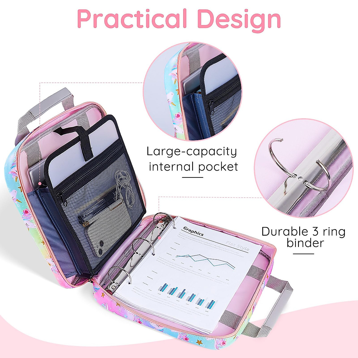 Zipper Binder with Shoulder Strap, 2 Inch 3 Ring Binder with Zipper, Binder Organizer for Middle School Case it Binder with Multiple Pockets, Handle and Shoulder Strap Included, 500 Sheet Capacity