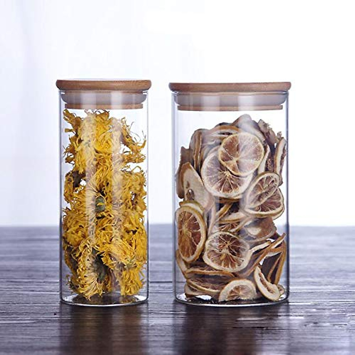 2PCS Empty Thicken Clear Glass Canister Home Kitchen Food Storage Cotainer Jars Pots With Airtight Wood Lids Air Tight Vial Bottles for Coffee Bean Tea Sugar Dry Fruit Nuts Candy (350G)