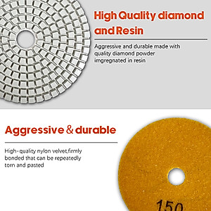 Konvixon Diamond Polishing Pads Set Wet/Dry Quartz Polishing Kit, Granite Stone Concrete Marble Tile Polishing Pads for Grinder, 12Pcs 4 In 50#-8000# Grit Pads with Hook, Loop Backer and Drill Adapter