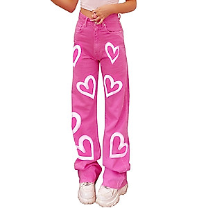 Women's High Waist Heart Print Wide Leg Loost Fit Vintage Boyfriend Jeans Teen Girls Streetwear Denim Pants Pink