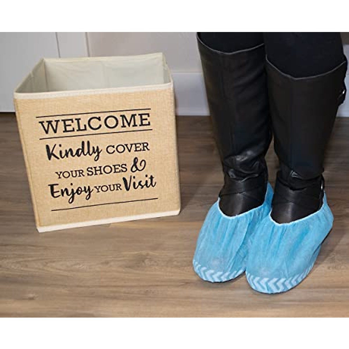 Premium Linen Look Foldable Shoe Cover Bin, Indoor Real Estate Bootie Box, Open House Supply with 10 Pack Shoe Covers and a Please Use Shoe Covers, Double Sided, Door Hanger (Linen Bin with 10 Pack Shoe Covers)