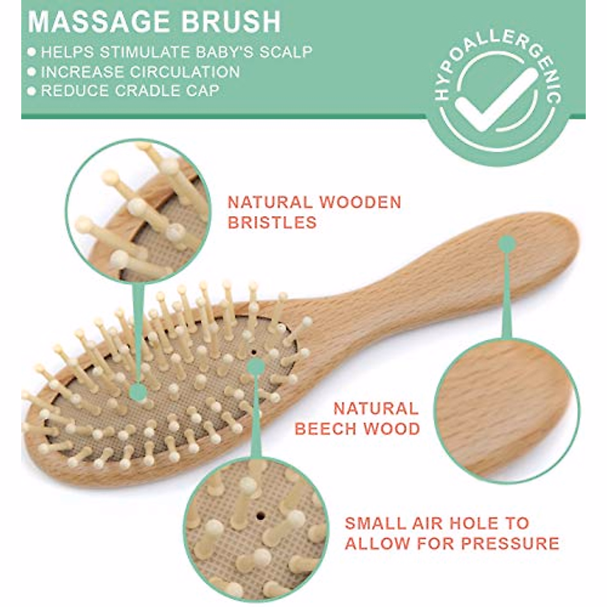 Wooden Baby Hair Brush and Comb Set (4-Piece) for Newborns and Toddlers | Ideal for Baby Cradle Cap | Wood Bristles Baby Brush | Baby Massage and Scalp Brush | Perfect for Baby Registry Gift Set