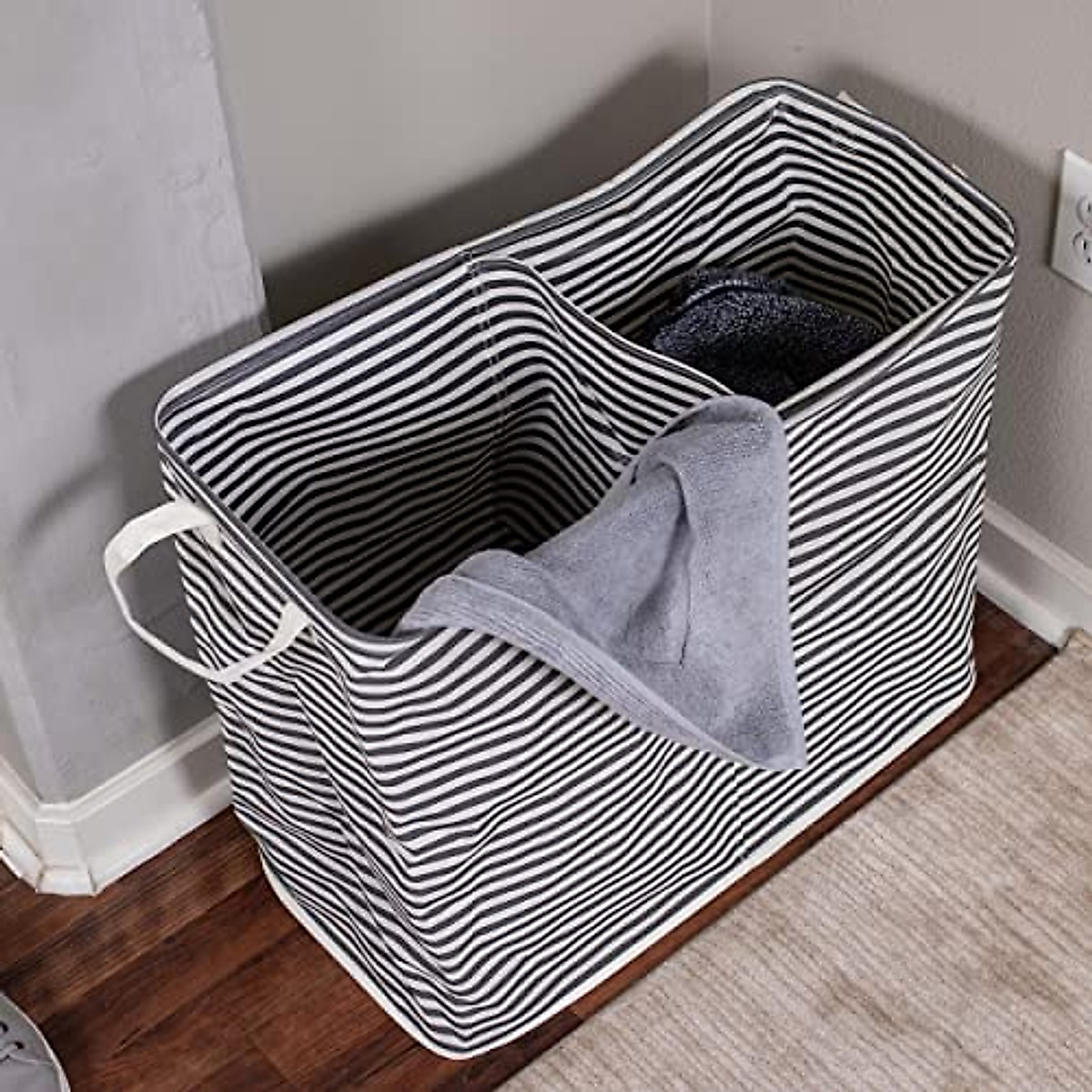 BIRDROCK HOME 112L Collapsible Double Laundry Hamper Basket - Grey & White Stripes Sorter Bin - Compact Dirty Clothes Organizer Bag - Divided Section