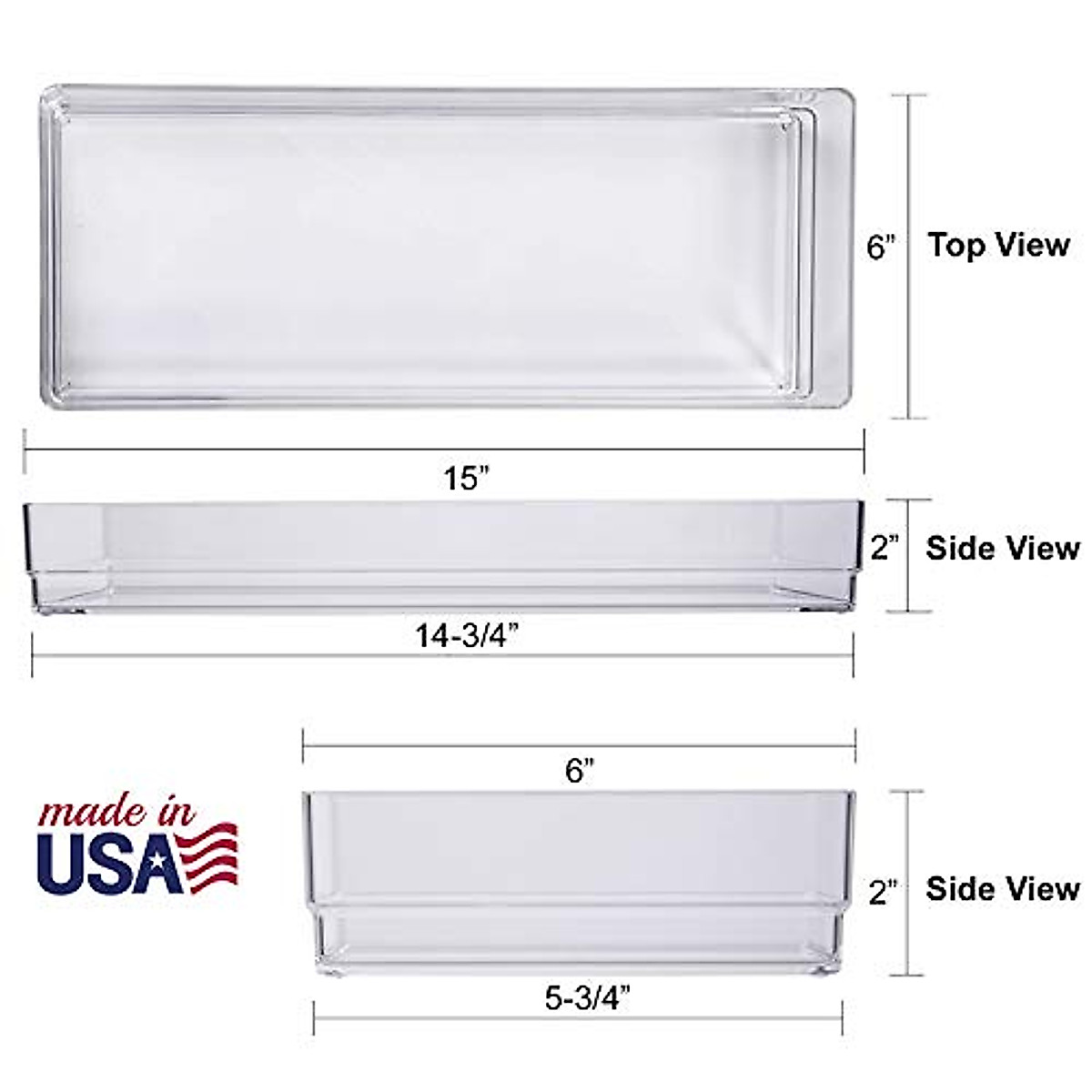 STORi SimpleSort 2-Piece Stackable Clear Drawer Organizer Set | 15" x 6" x 2" Rectangle Trays | Wide Makeup Vanity Storage Bins and Office Desk Drawer Dividers | Made in USA