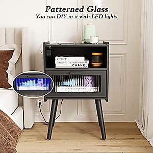 SOOWERY Mid Century Modern Nightstand with Charging Station, Bedside Tables with Glass Drawer, End Table Side Table with 2 Tiers Storage Space, for Bedroom, Living Room, Black