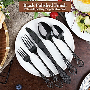 PUREAIN Silverware Set, 30 Pieces Retro Royal Silverware Set for 6, Anti-rust Stainless Steel Flatware Set Including Fork Spoon and Knife, Dishwasher Safe, Black