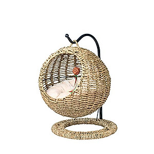 YoSpot Hand Made Wicker Cat Bed Basket Swinging Pet House Nest for Small Dog Cat with Cushion