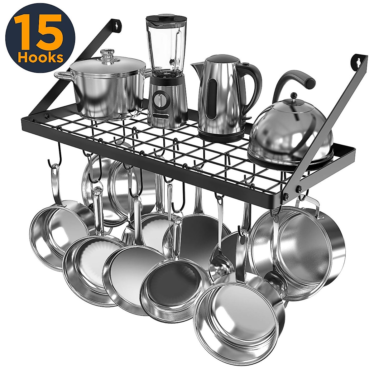 Vdomus Hanging Pot Rack, Wall Mounted Pots and Pans Holder 29.3 by 13 Inch, Kitchen Cookware Organizer for Pots and Pans Storage, 15 Moveable Hooks Square Grid, Silver