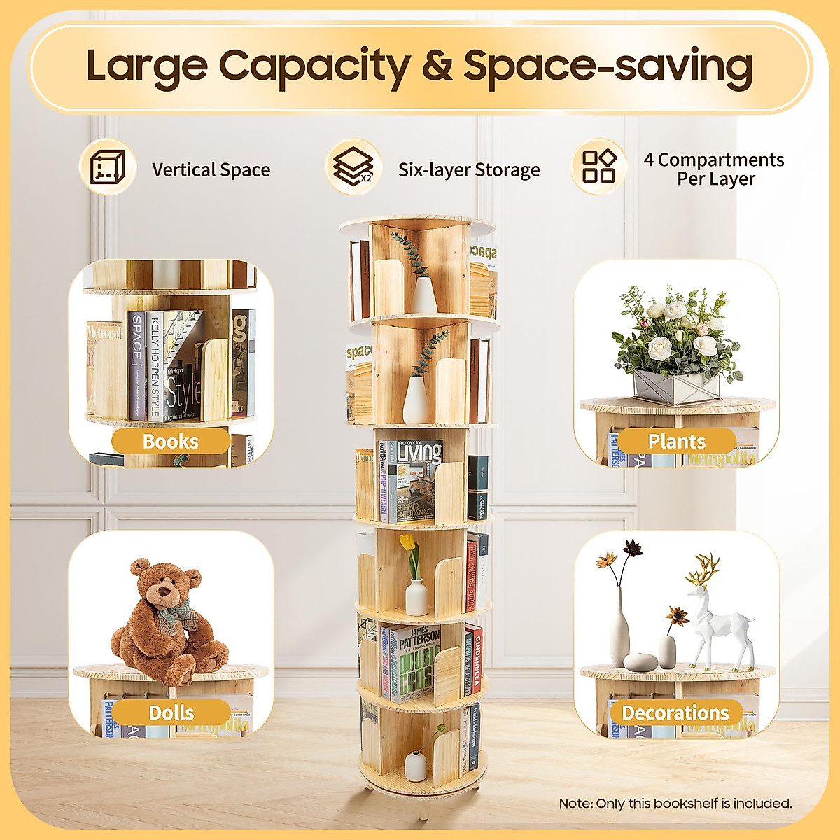 PIAOCAIYIN 6 Tier Cylindrical Rotating Bookshelf, 360° Display Stackable Shelves, Floor Standing Bookcase, Rotating Bookshelf Tower, w/Support Legs, Wood Kids Bookshelf, Revolving Bookcase