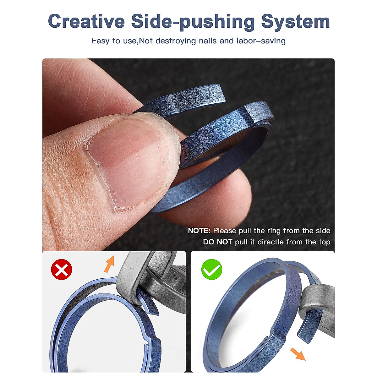 TISUR Titanium Key Ring,Elegant Quick Release Side Pushing Split Rings Kit-5Psc for Keychains,Heavy Duty Keyring for Dog Tag(Blue, K27+4K22)