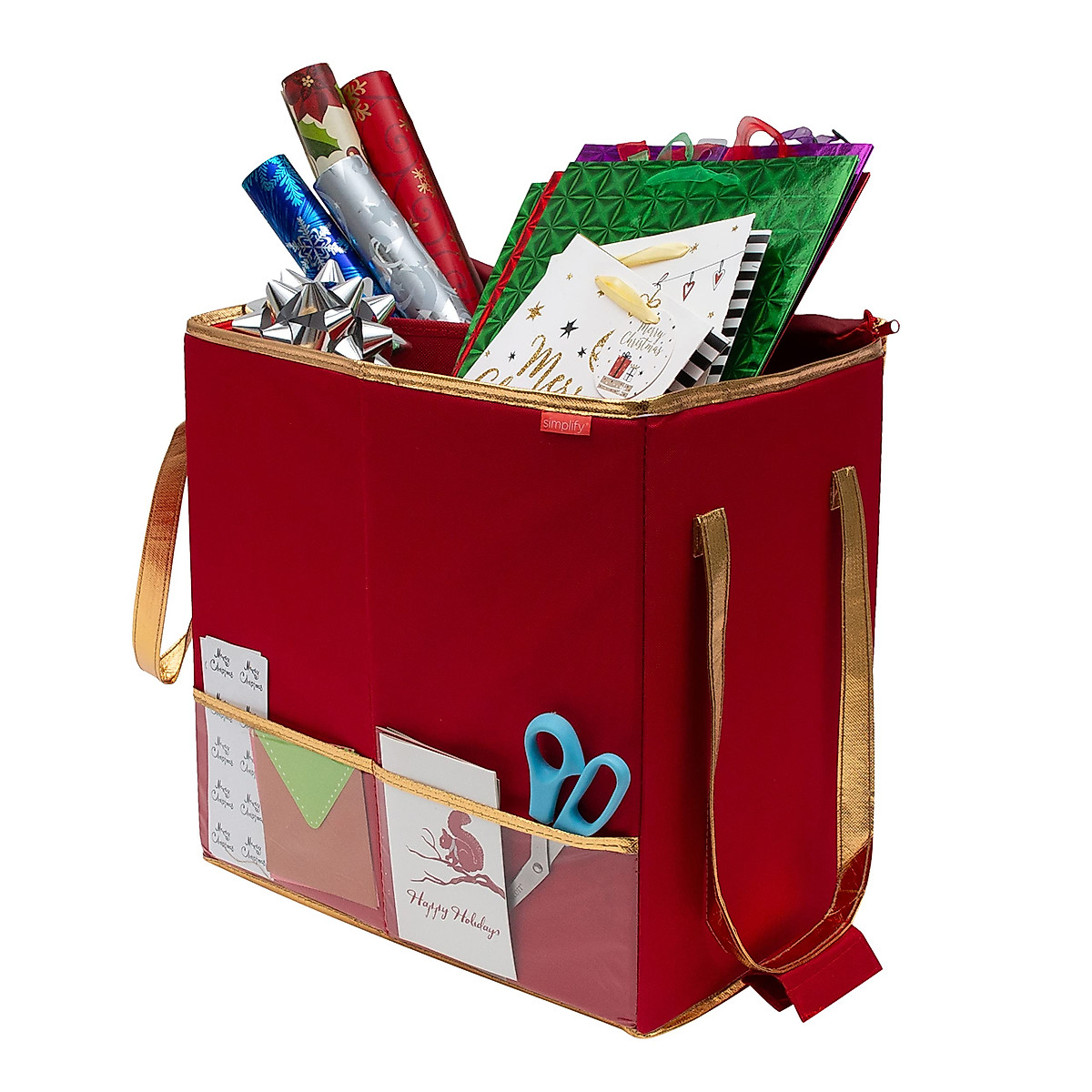 Simplify Gift Bag Organizer | Dimensions: 10.5"x 16"x 16" | Stores Gift Bags | Ribbon | Tissue Paper | Gift Cards | Large Reinforced Handles | Red | Holiday Storage | Collapsible