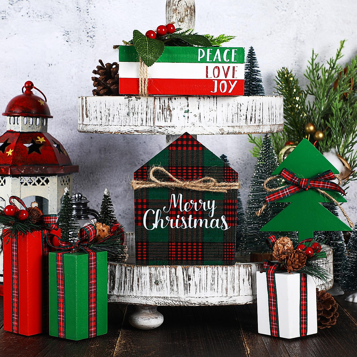 Kigley 6 Pcs Christmas Wooden Table Decorative Xmas Tiered Tray Decor Wooden Block Firework Book Sign for Xmas Home Farmhouse Table Decor(Classic)