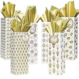 Lulu Home Gold Bottle Gift Bags with Tissue Paper, 12 Pcs Heavy Duty Xmas Bottle Cover with Tags for Holiday Decoration, Party Favors