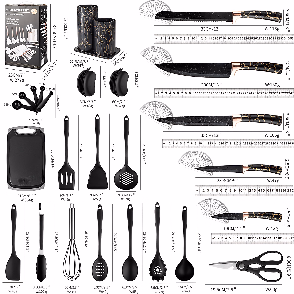 Cooking Utensils Set, 25 PCS Black Sharp Knife Set for Kitchen,Stainless Steel Knives Set,includes 17-Piece Silicone kitchen utensils set,5 Sharp Stainless Steel Chef Knives,Scissors,and Cutting Board