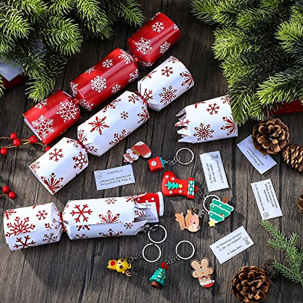 83 Pcs Christmas Party Table Non Snap Holiday Supplies, Include Christmas No Snap Crackers, Tissue Paper Cracker Hats, Christmas Jokes, Keychain and Brooch for Holidays, No Snap Strips (Red, White)