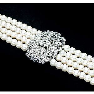 BABEYOND 1920s Gatsby Pearl Necklace Vintage Bridal Pearl Necklace Earrings Jewelry Set Multilayer Imitation Pearl Necklace with Brooch (Style 4-Silver)