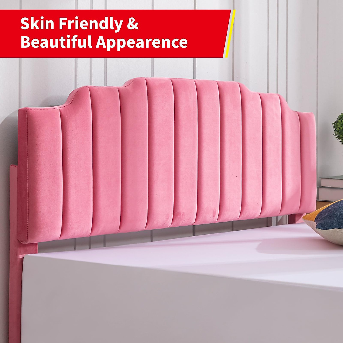 PUREMIND Twin Size Kids Bed Frame with Headboard, Children Bedroom Bed Frame, Upholstered Bed Platform with Slat Support, No Box Spring Needed, Pink Bed Frame for Girls-Princess Twin