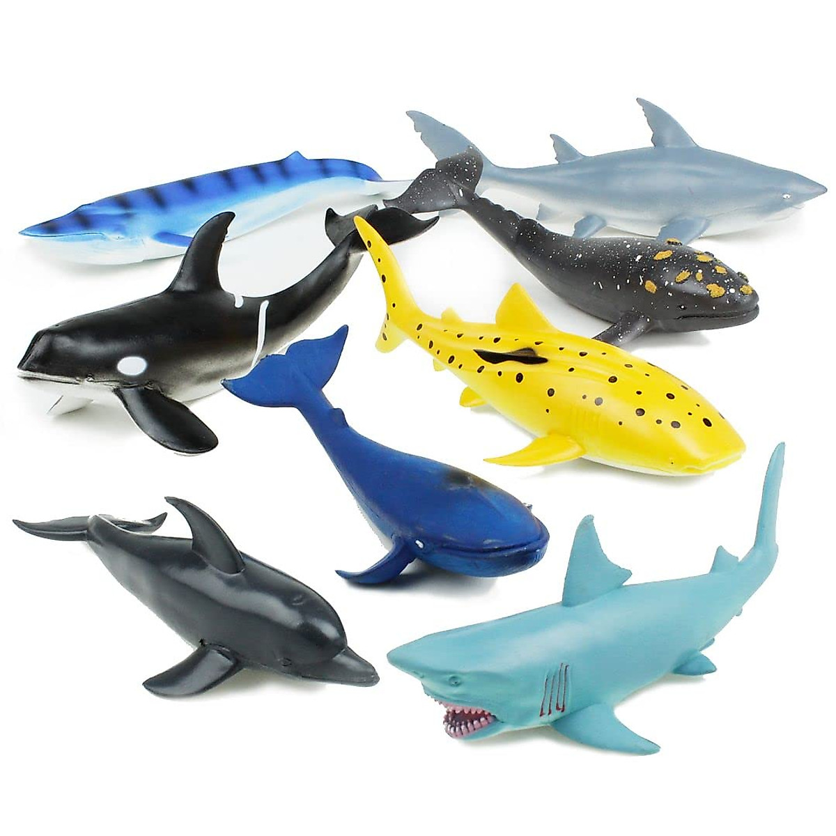 Boley Great Sea Creatures 8-Pack: 7-10" Soft Plastic Ocean Animal Figurines - Realistic Shark, Whale, Dolphin Toys - Educational & Sensory Playset for Kids, Party Favors, Classroom Supplies
