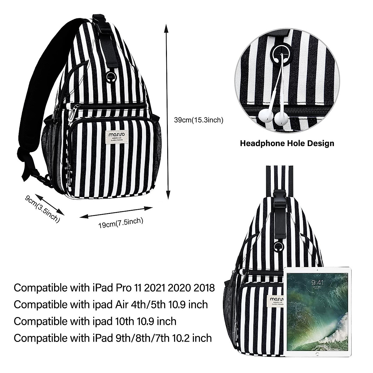 MOSISO Crossbody Sling Backpack, Vertical Stripe Sling Bag with Front Raised Pocket Travel Hiking One Shoulder Chest Bag Daypack, Black