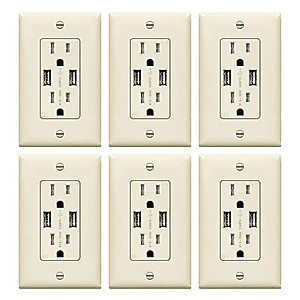 TOPGREENER 3.6A USB Wall Outlet Charger, 15A Tamper-Resistant Receptacles, Compatible with iPhone SE/11/XS/XR/X/8, Samsung Galaxy S20/S10/S9/Note, LG, HTC & More, TU2153A-LA-6PCS, Light Almond, 6 pack