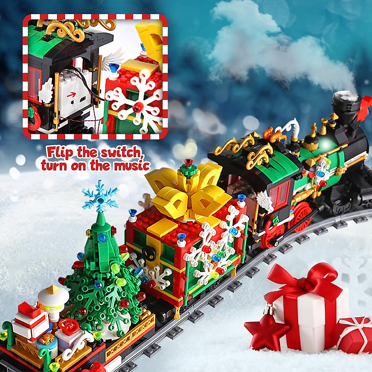 Christmas Train Set Building Blocks with Rotating Christmas Tree, Electric Music Steam Train Building Kit with Remote Control Birthday for Kids Teens Adults (1296+ pcs)