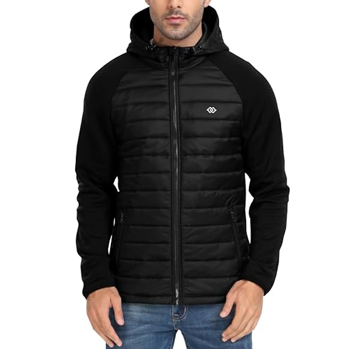 MoFiz Mens Insulated Hiking Jacket Coat Thermal Hybrid Running Jacket Lightweight Puffy Winter Hooded Golf Jackets Long Sleeve Windbreak Sportswear Black Small