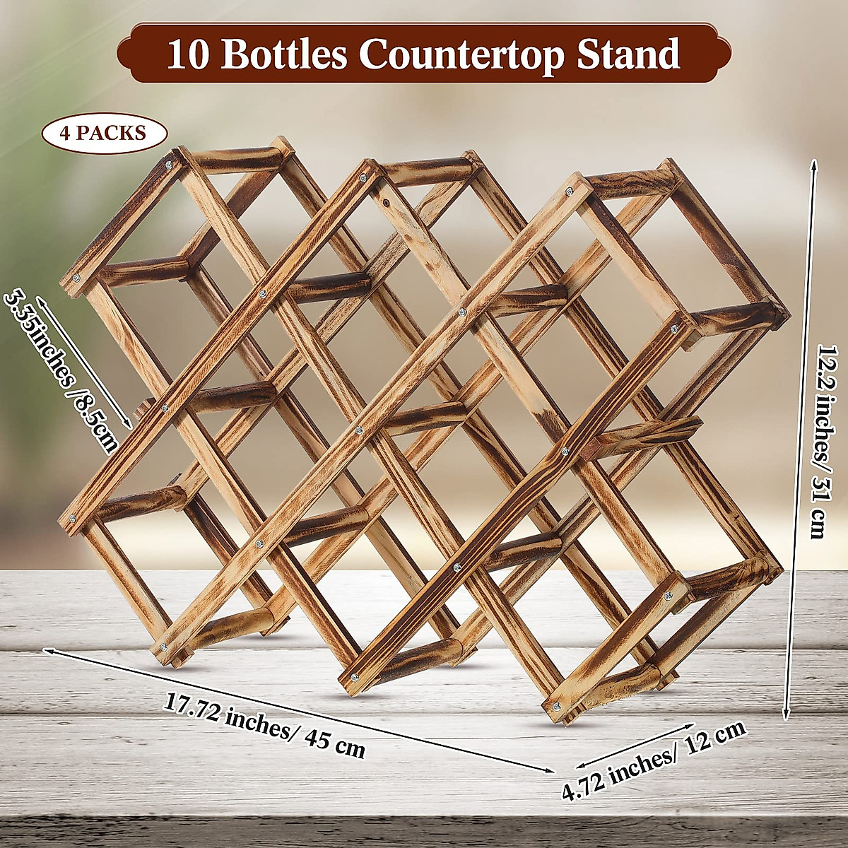 4 Pack 10 Bottles Wooden Wine Rack, Freestanding Wine Rack Foldable Countertop Wine Rack Display Shelf Countertop Wine Bottle Holder Wine Shelves for Kitchen, Home, Bar, Pantry (Baked Color)