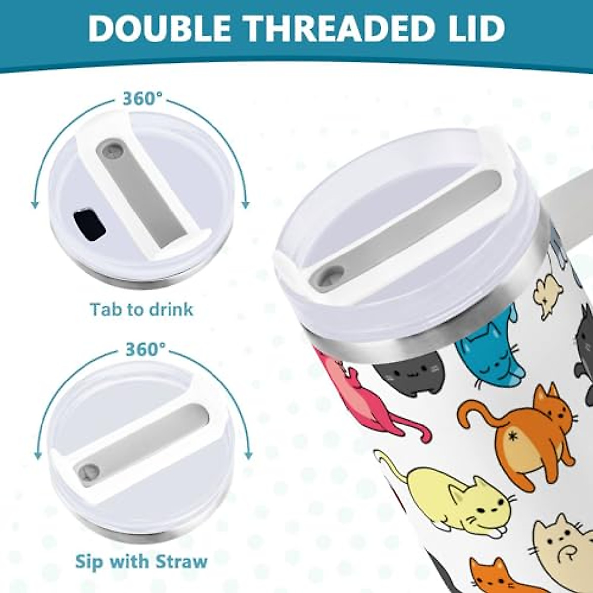 MCHIVER Cats White 40 oz Tumbler with Handle and Straw Stainless Steel Vacuum Water Bottle Leak-proof Travel Coffee Mug Thermos Water Bottle for Hot Cold Beverages