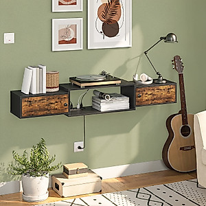 HOOBRO Floating TV Stand with Power Outlet 55", Modern Wall Mounted Media Console Shelf Cabinet for Under TV Storage, Entertainment Center, Living Room, Bedroom, Rustic Brown and Black BF11DS01